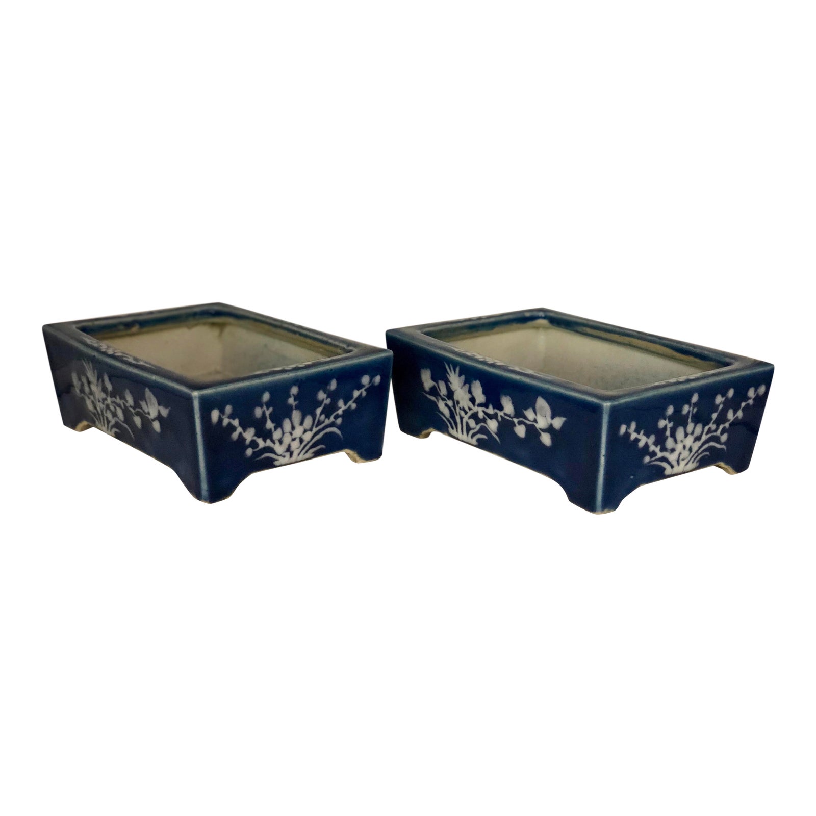 1970s Antique Blue & White Japanese Bulb Planter - a Pair | Chairish