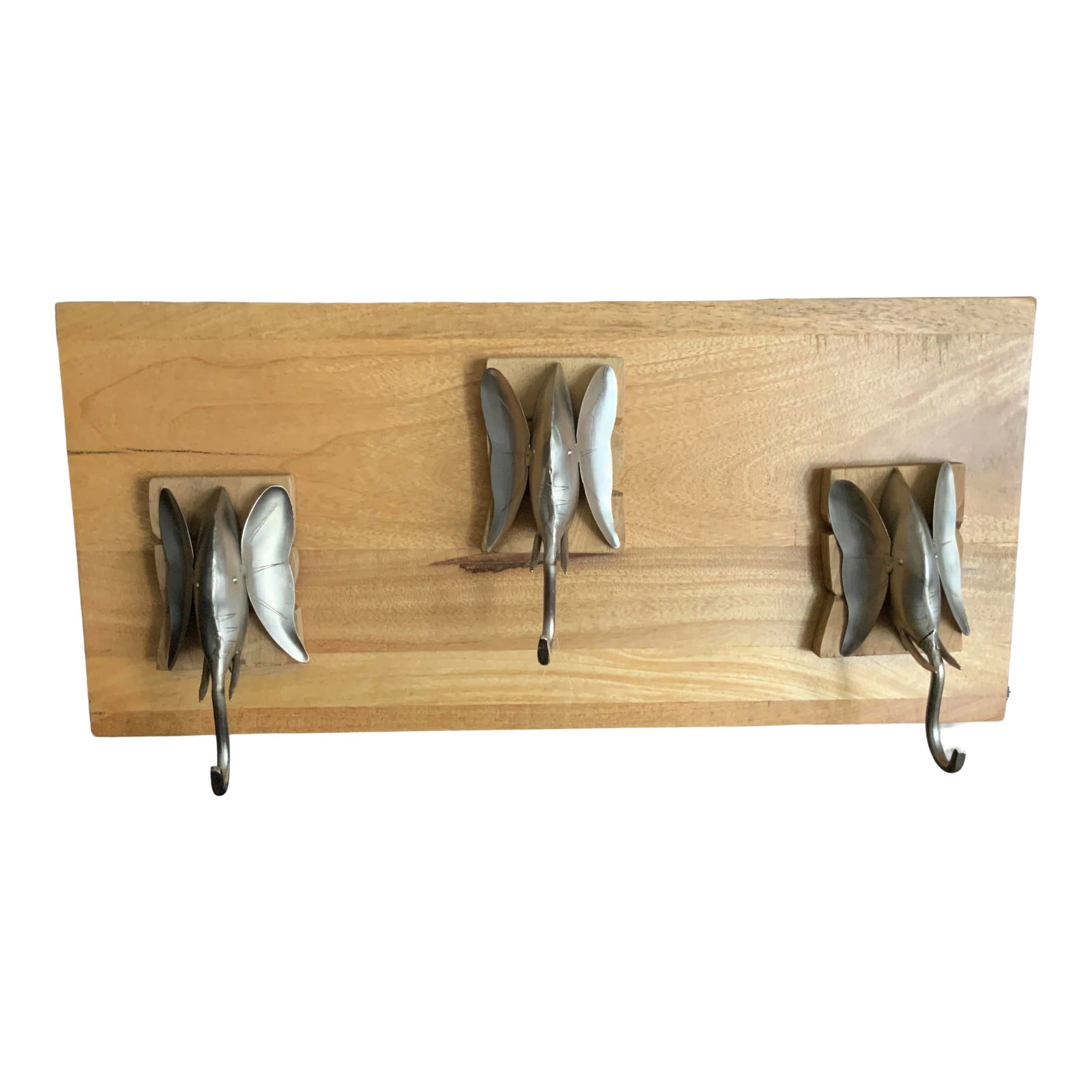 Wood Hat/ Coat Rack With 3 Hand Forged Metal Elephant Heads | Chairish