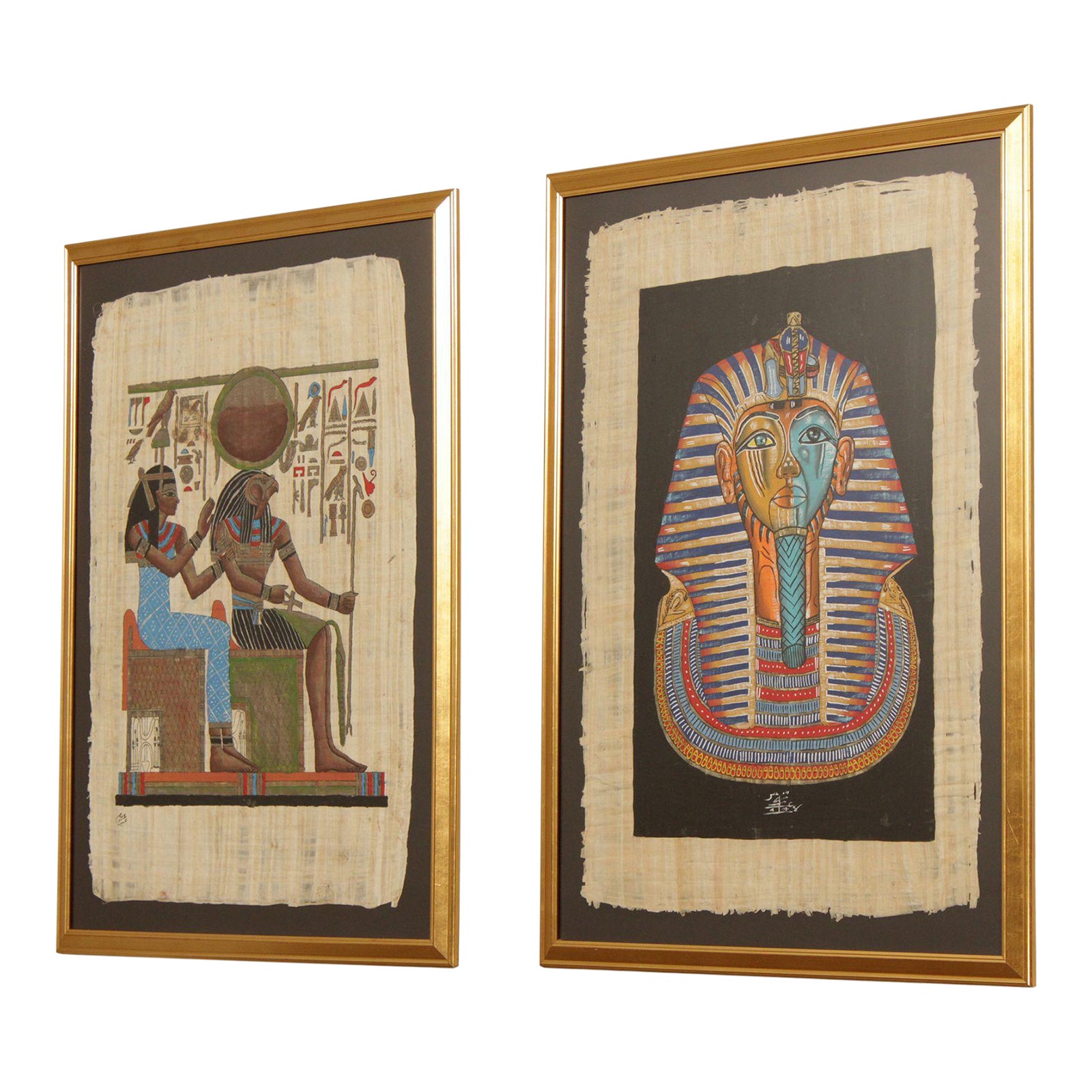 Vintage Egyptian Paintings on Papyrus, Custom Framed - A Pair | Chairish