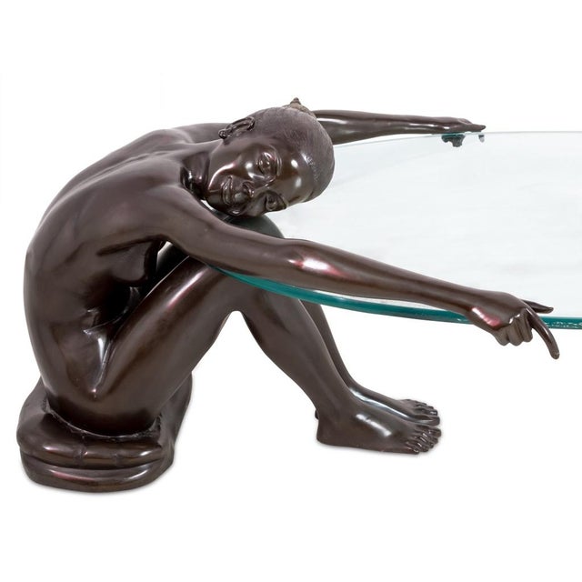 Modern Patinated Glass Top Bronze Figural Table | Chairish