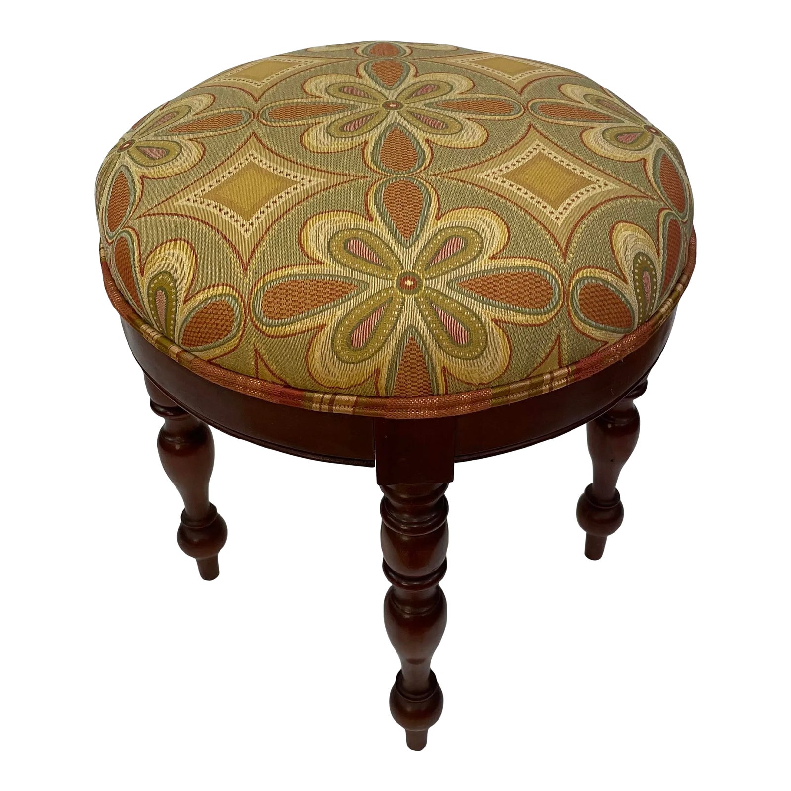 Mid 20th Century Upholstered Cherry Stool With Turned Tapered Legs ...