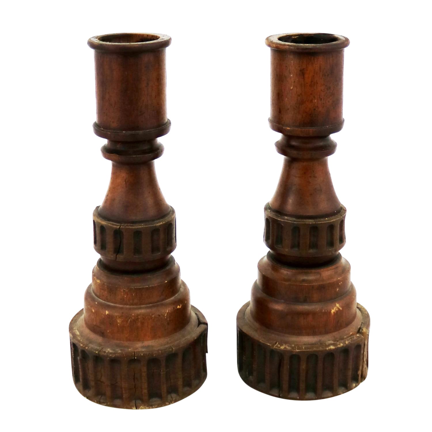 Pair Vintage Turned Wood and Composite Candle Holders | Chairish