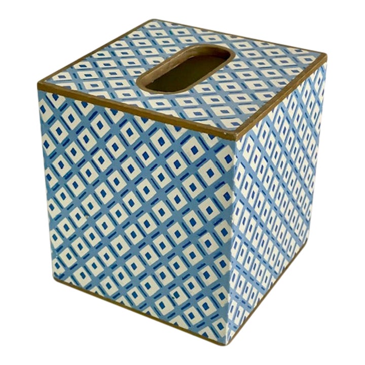 Blue Diamond Provincial Print Tissue Box Cover With Gold Trim | Chairish