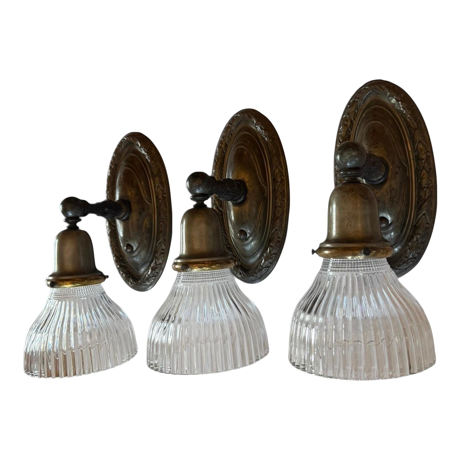 Rare Set of Three Brass Wall Sconces With Ribbed Halophane Shades Circa ...