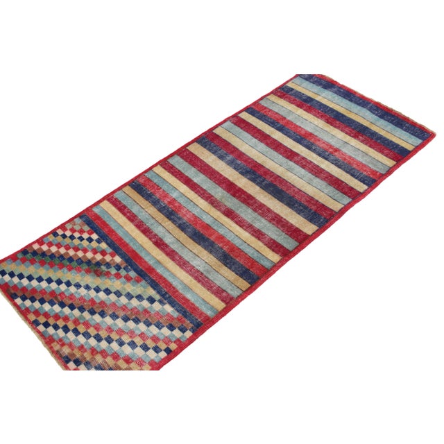 Distressed Vintage Deco Runner in Blue, Red, Beige-Brown Geometric ...