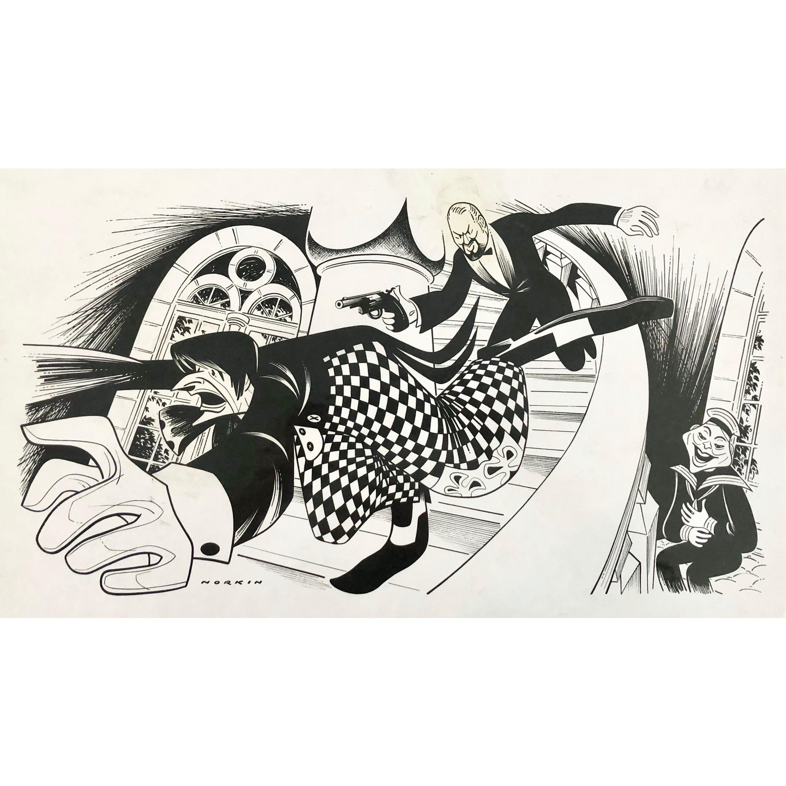 Sam Norkin, Man w Gun "Sleuth" Original Ink Drawing Theater Film ...