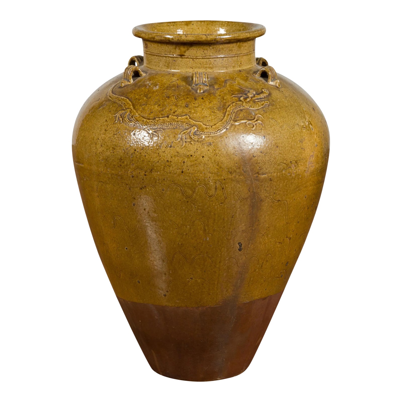Chinese Antique Martaban Water Jar with Dragon Motifs and Ocher Glaze ...