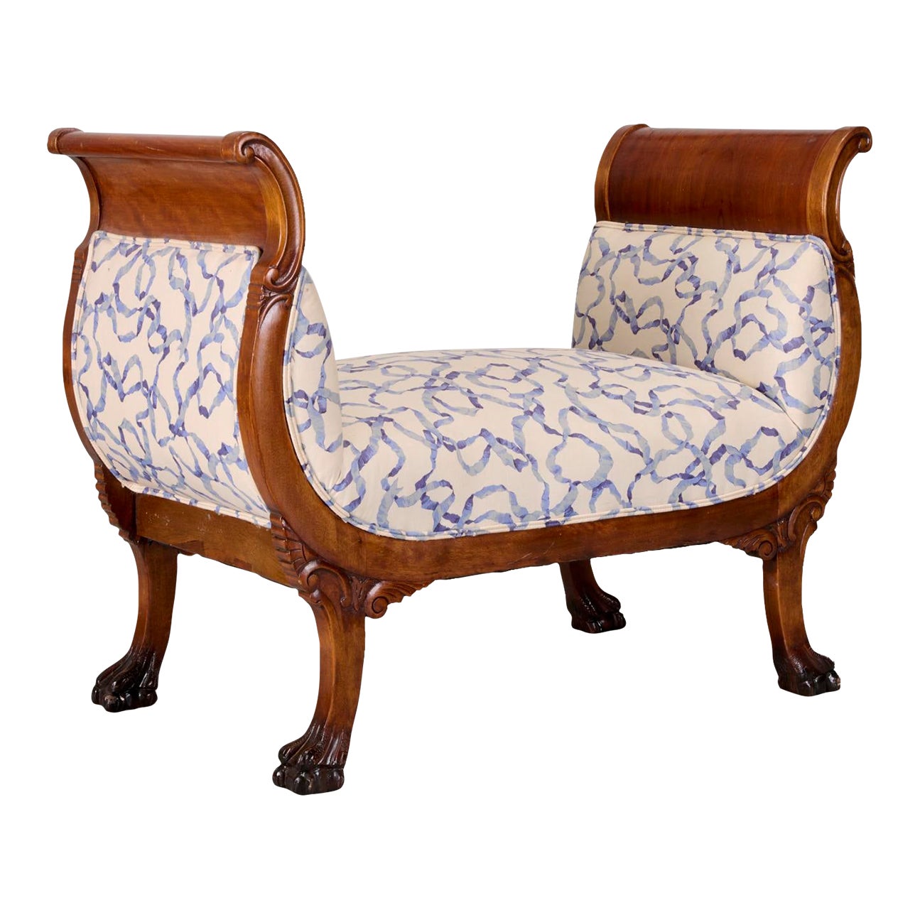 Antique Printed Linen Upholstered American Empire Mahogany Paw Foot ...