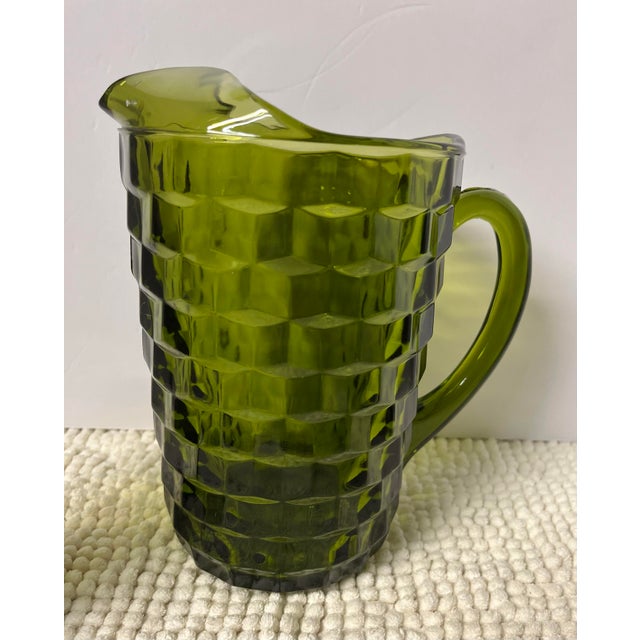 1960s Indiana Whitehall Glass Avocado Green Cubist Pattern Pitcher and ...
