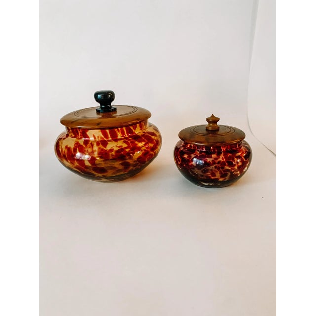 Vintage Decorative Hand Blown Glass Tortoise Shell Pattern Jars With ...