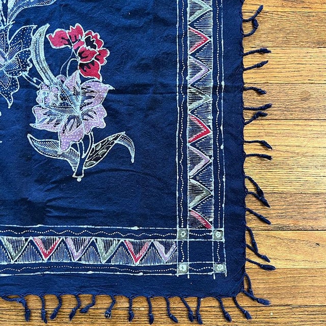 Vintage Square Batik Blue Floral Tablecloth With Fringe - Indonesia ...