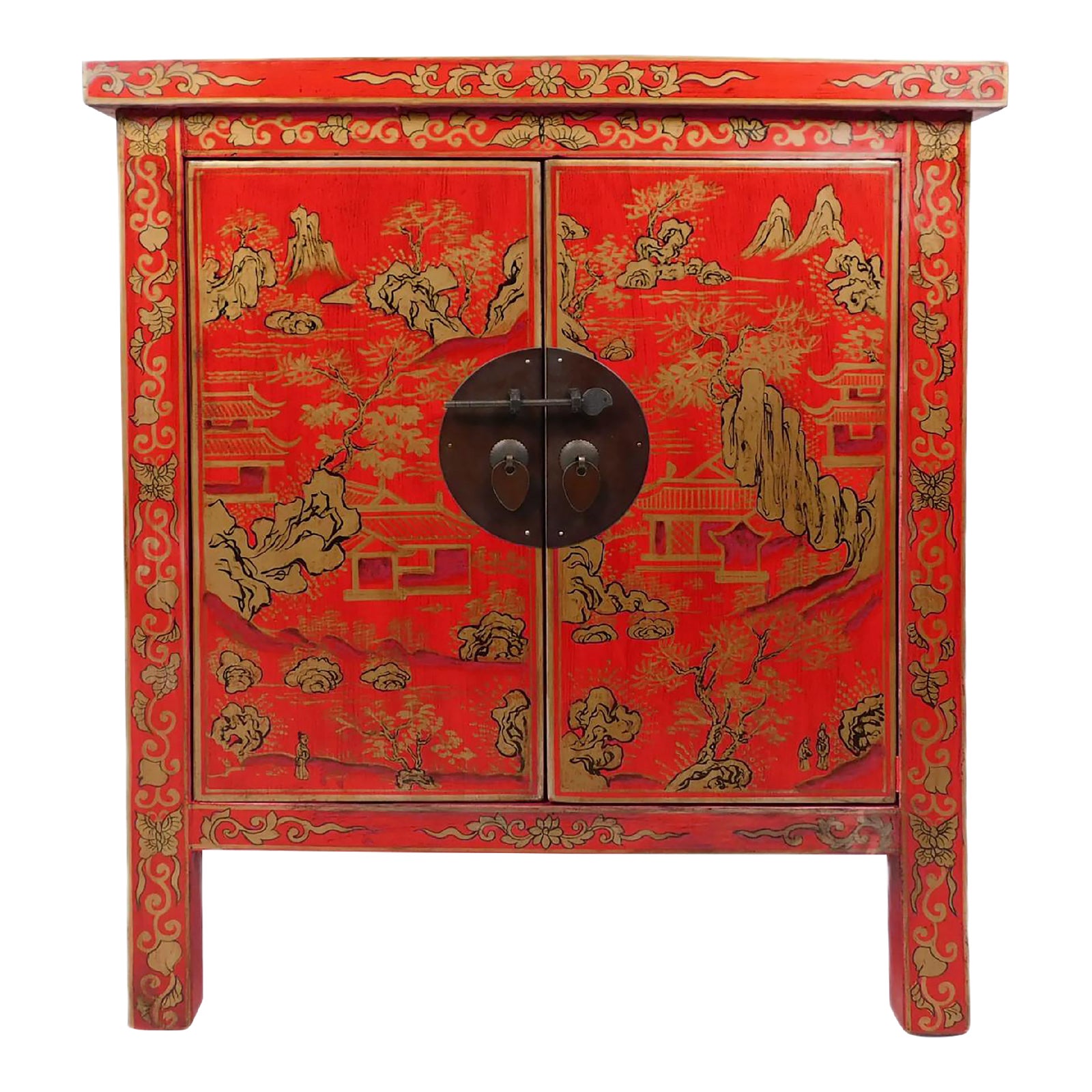 Red Lacquer Chest With Golden Painted Landscape | Chairish