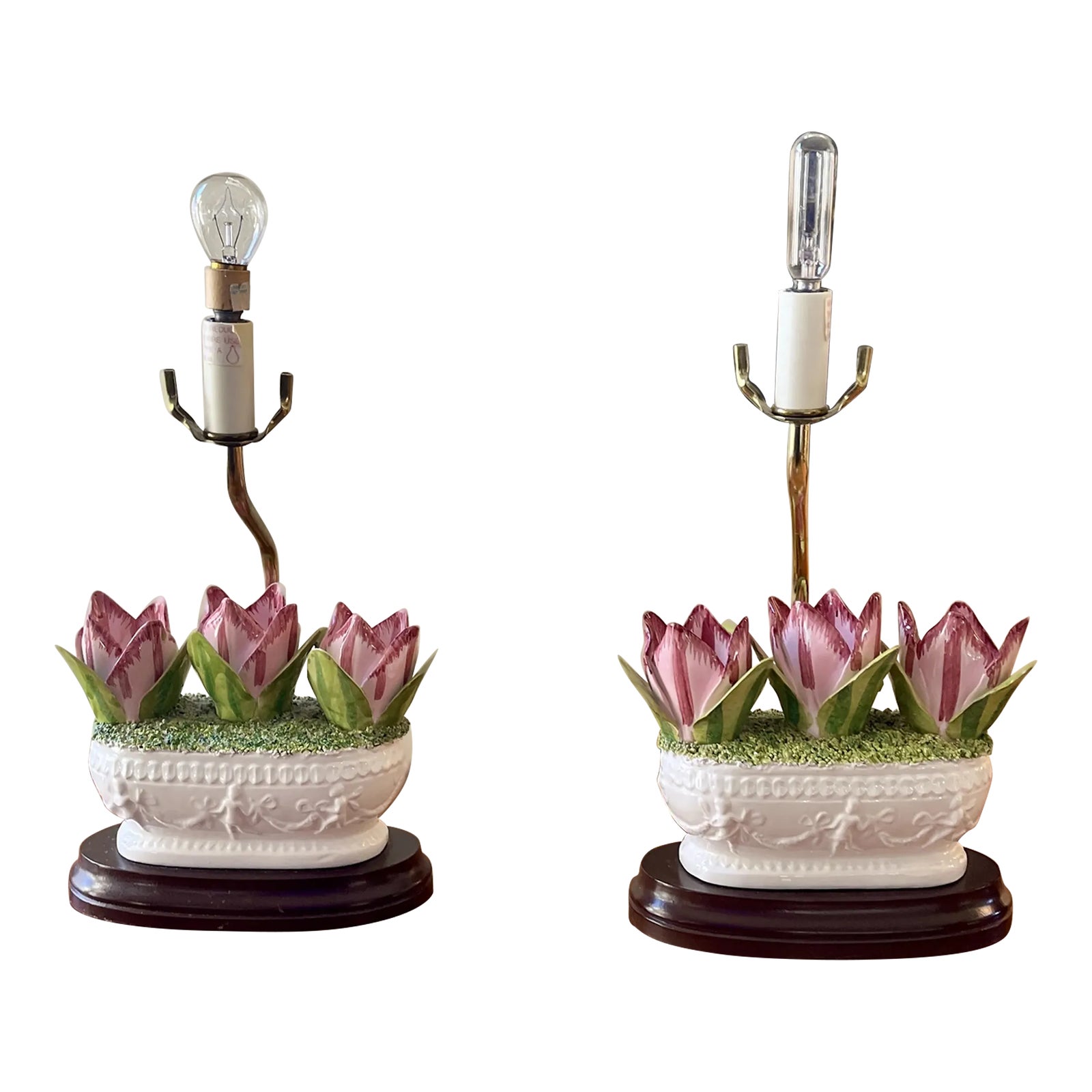 1960s Ceramic Pink Tulip Planter Lamps - a Pair | Chairish