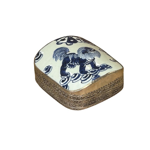 Chinese Old White Base Blue Foo Dog Graphic Porcelain Art Pewter Box ...
