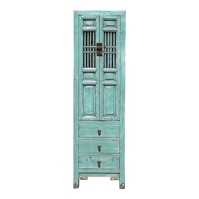 Distressed Turquoise Blue Slim Wood Carving Shutter Doors Storage ...