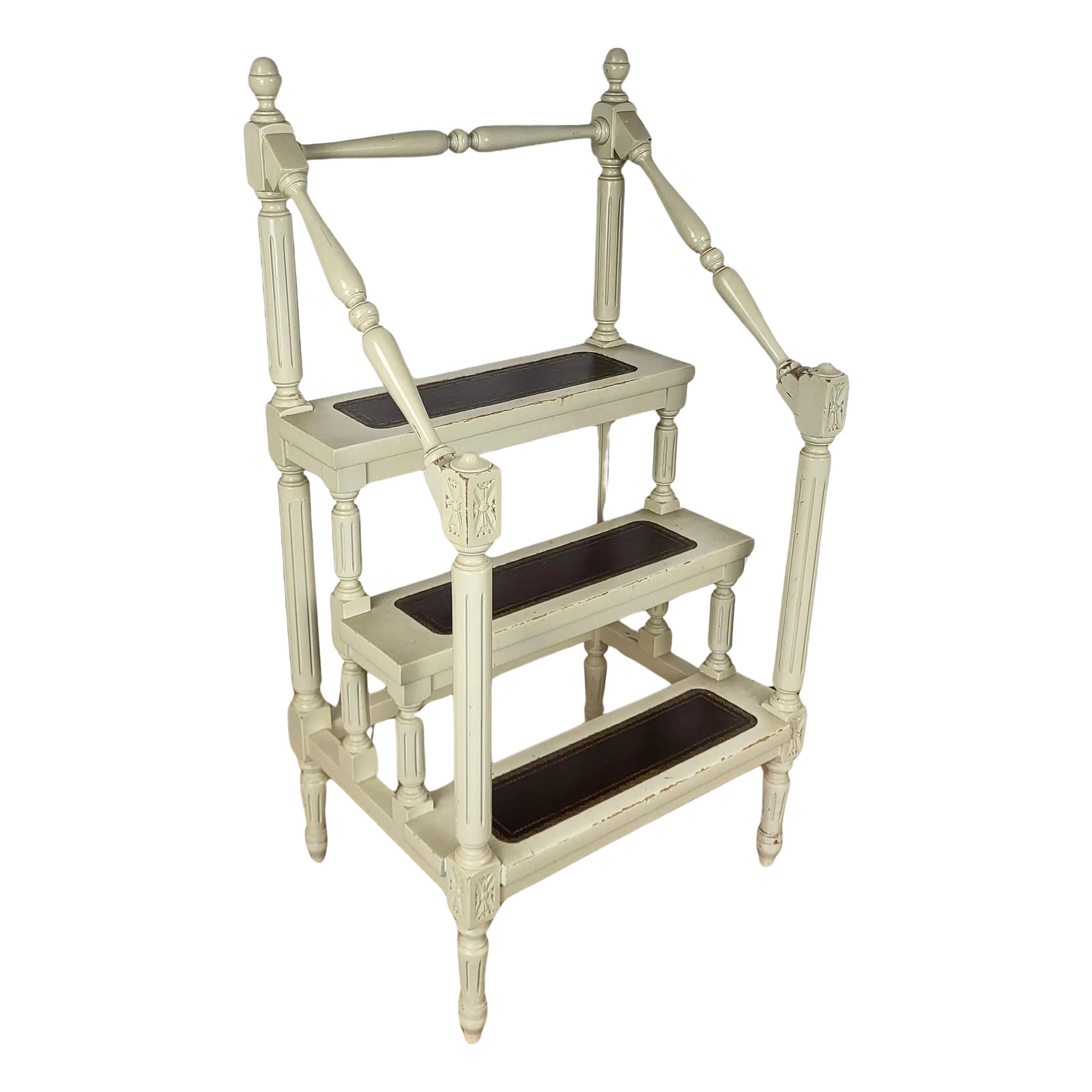 Mid-Century Italian Carved Walnut Wood and Leather 4-Step Library ...