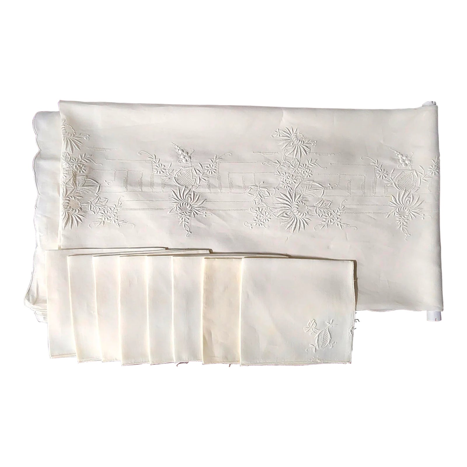 Beautiful Vintage Chinese Embroidered Fine Linen Tablecloth W/8 ...