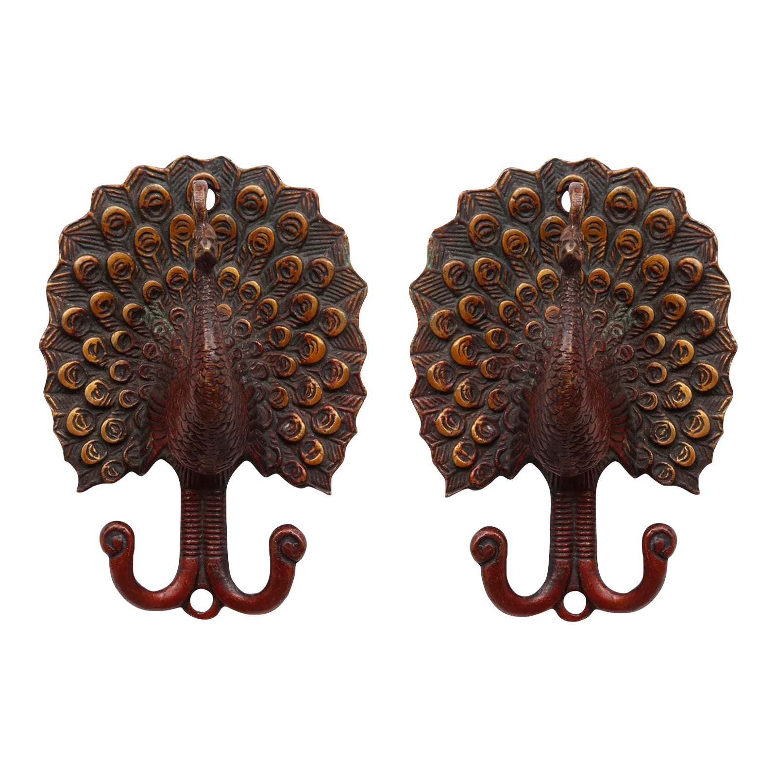 Dark Red Brass Peacock Wall Hooks - a Pair | Chairish
