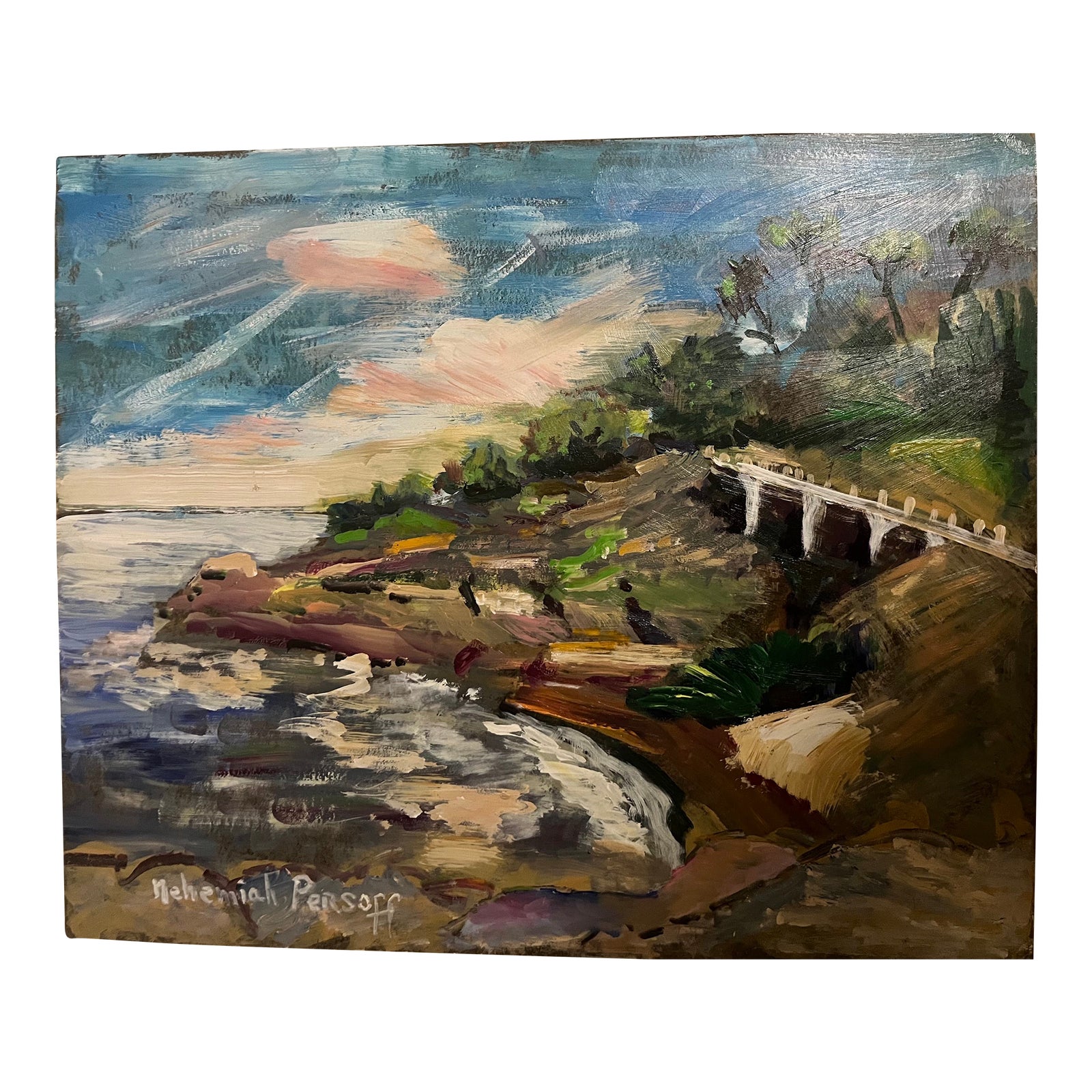 1980s Nehemiah Persoff Oil on Board Painting (Untitled Landscape ...