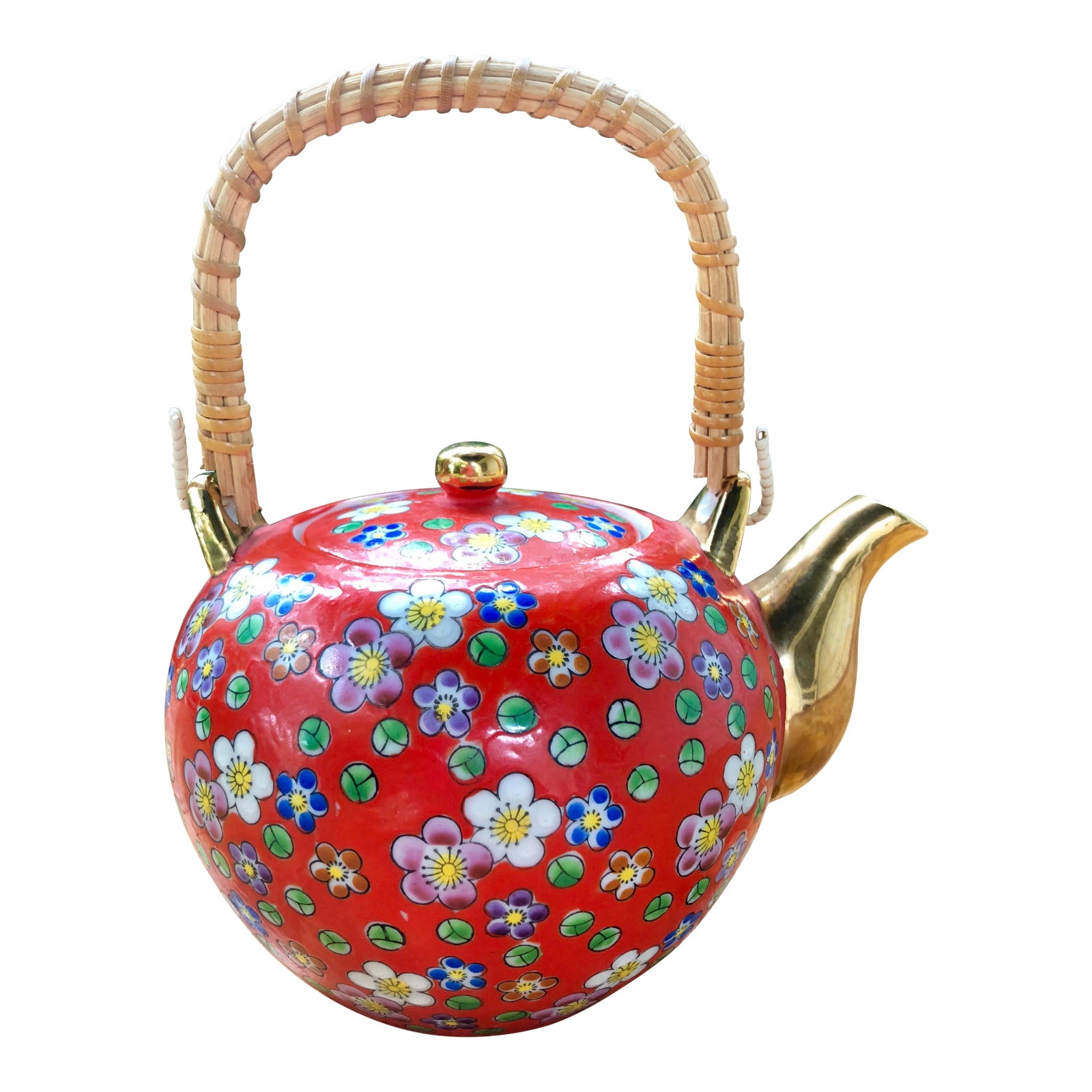 20th Century Chinese Red Floral Gilt Porcelain Teapot With Wicker ...