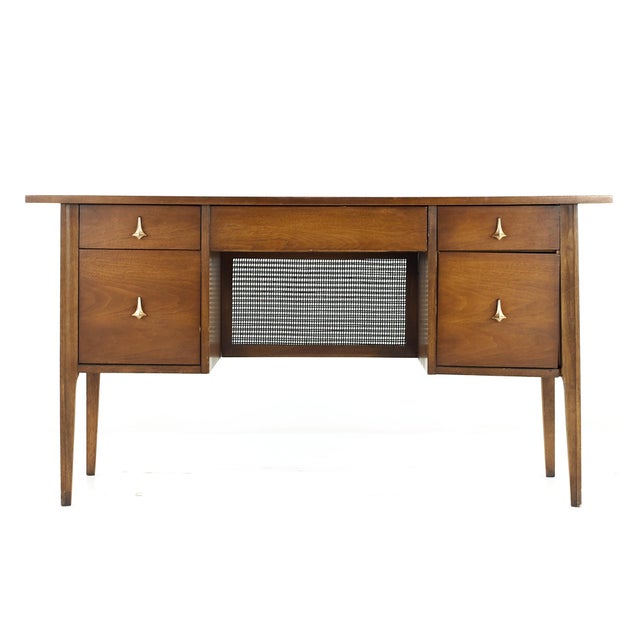 Broyhill Brasilia Mid Century Desk Walnut and Brass Desk | Chairish