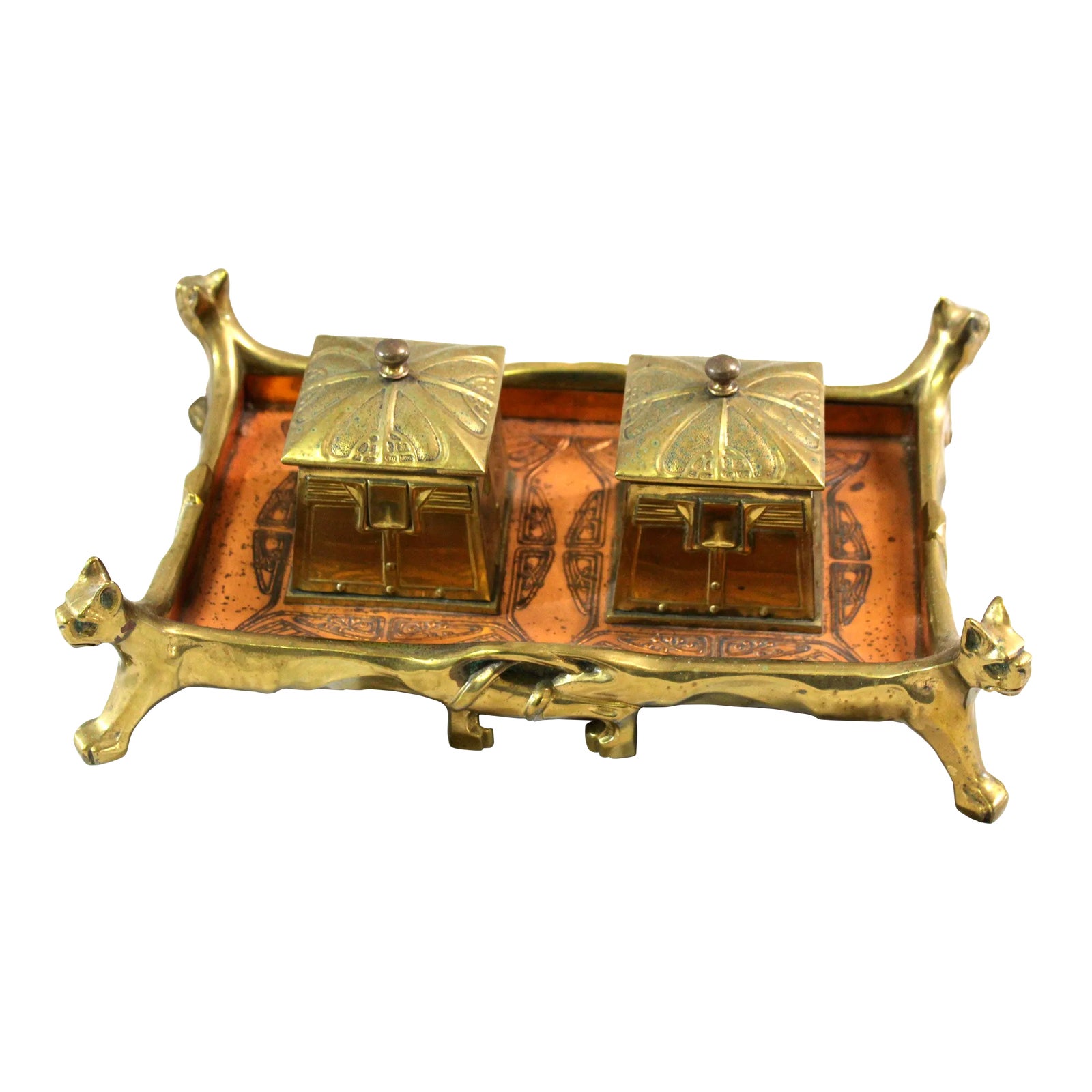 Antique Brass & Copper Art Nouveau Ink Well Set | Chairish