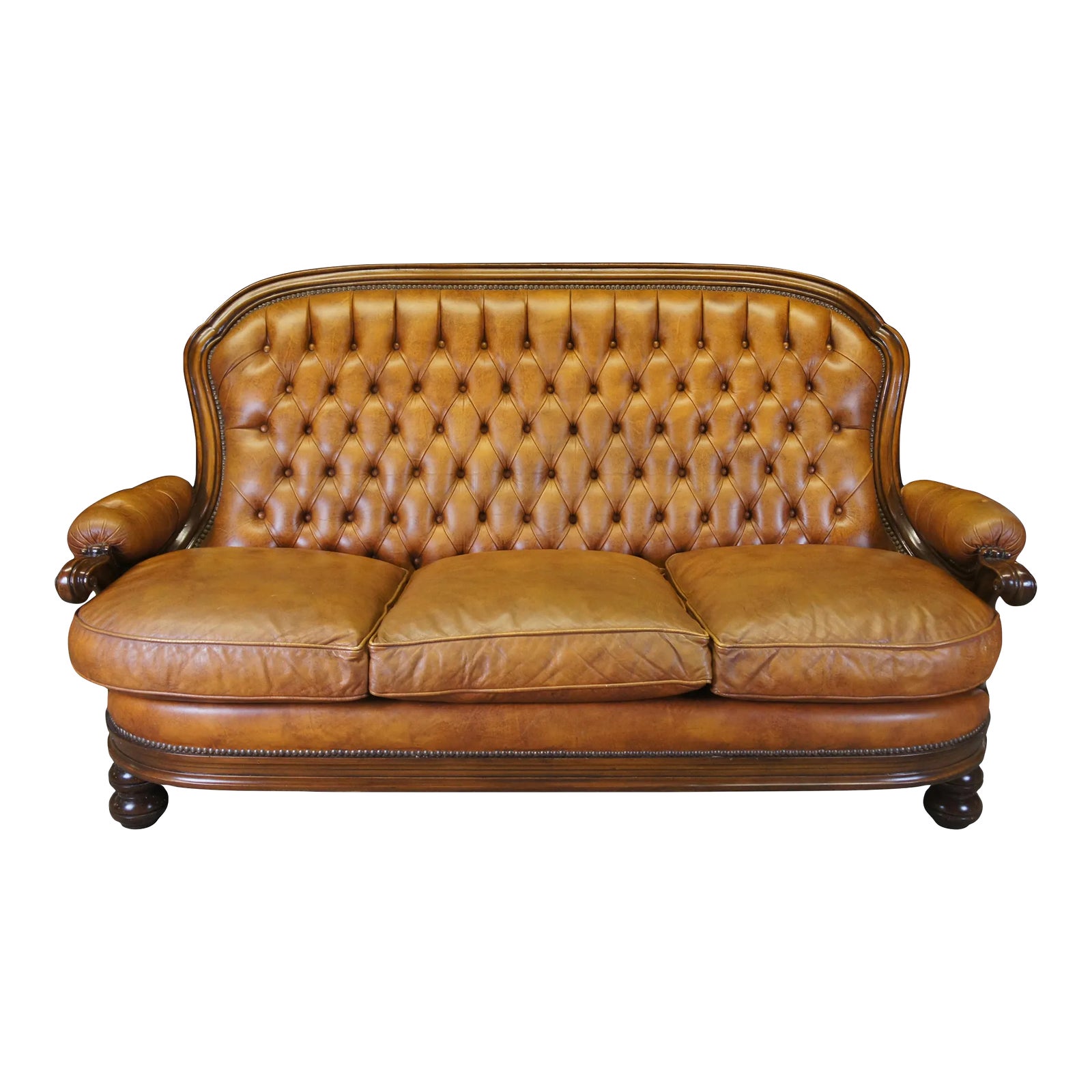 1980s Vintage Italian Fruitwood Tufted Leather Nailhead 3 Seat Library ...