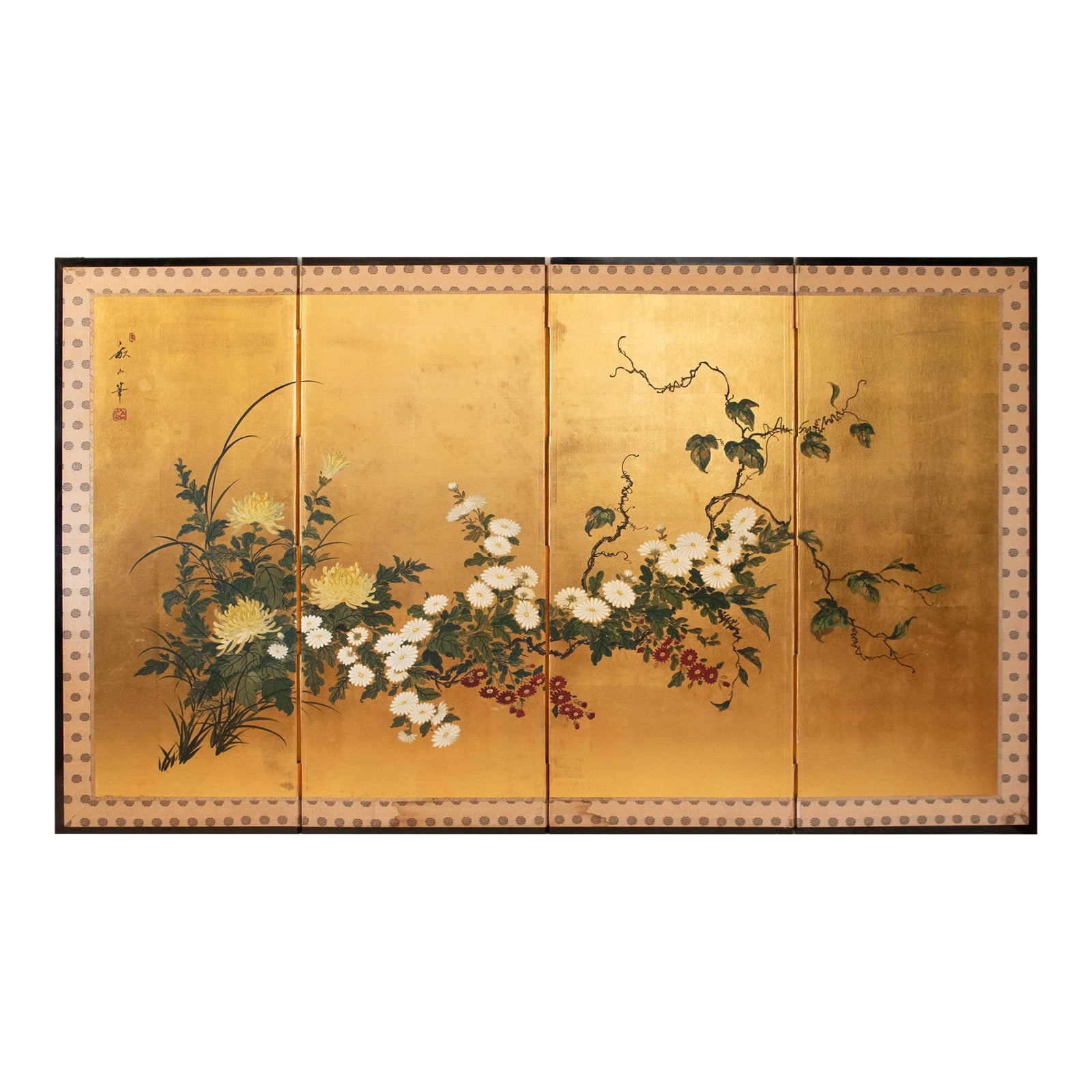 1960s Large Shōwa Era Japanese Byobu Screen "Chrysanthemums" | Chairish