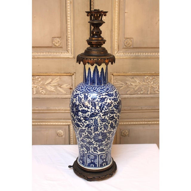 Large Chinese Blue and White Porcelain Lamp Base with French Bronze ...