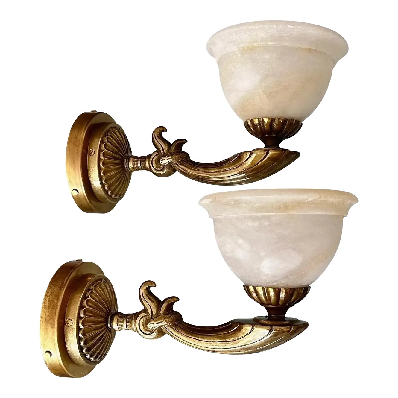 Pair Brass Alabaster French Style Wall Sconces | Chairish