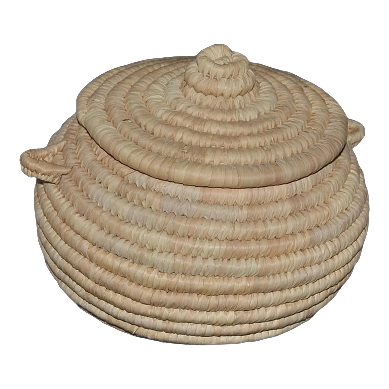 Egyptian Berber Handwoven Round Basket With Lid and Handles | Chairish