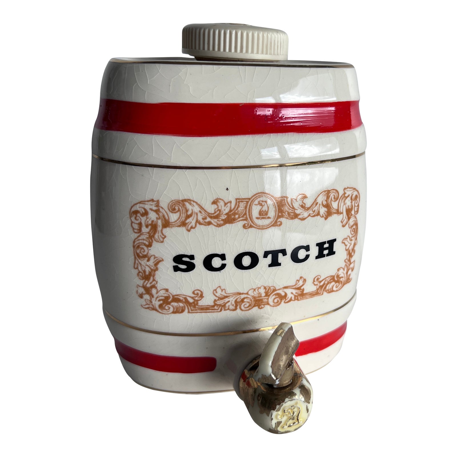 Vintage Wade Pottery Scotch Whiskey Barrel Decanter Red White | Chairish