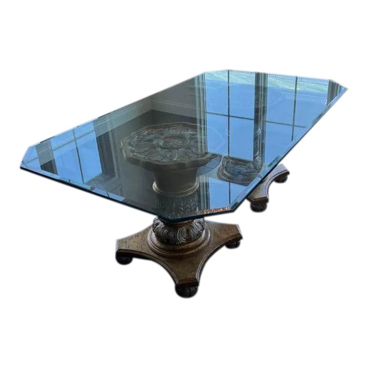 Marge Carson Glass Pedestal Dining Table with Formal French Carving ...