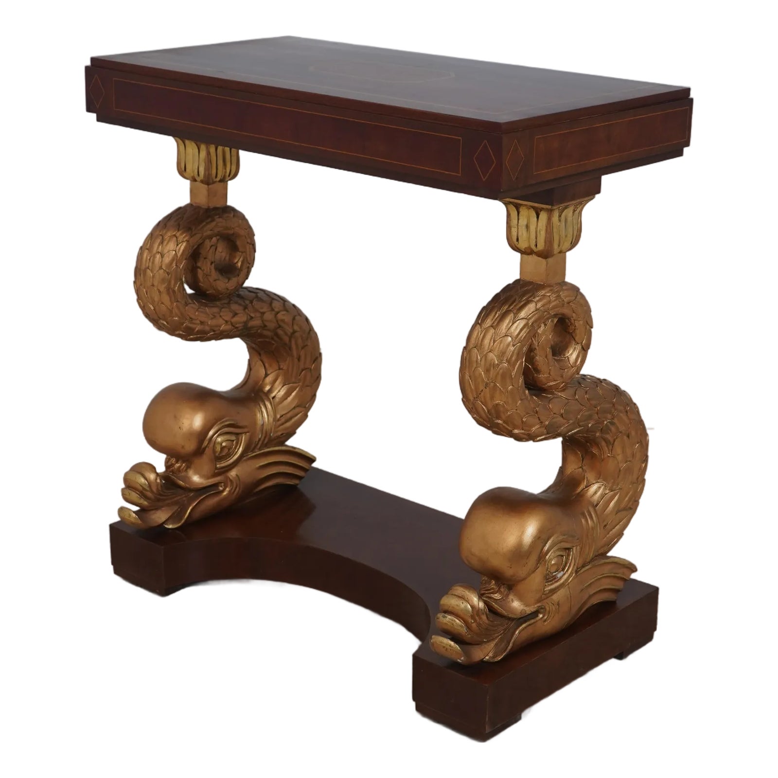 Antique Italian Dolphin Base Inlaid Mahogany Console Table | Chairish
