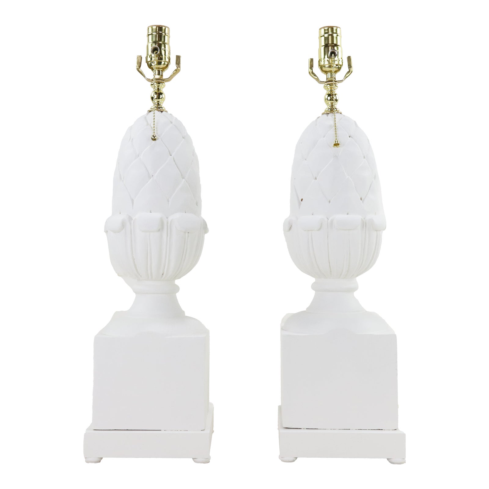 Pair of Vintage White Carved Wooden Pineapple Finial Table Lamps | Chairish