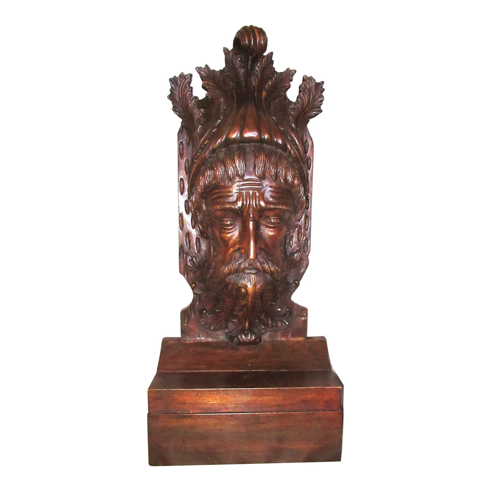 Early 20th Century “The Green Man” Wood Face Carving | Chairish