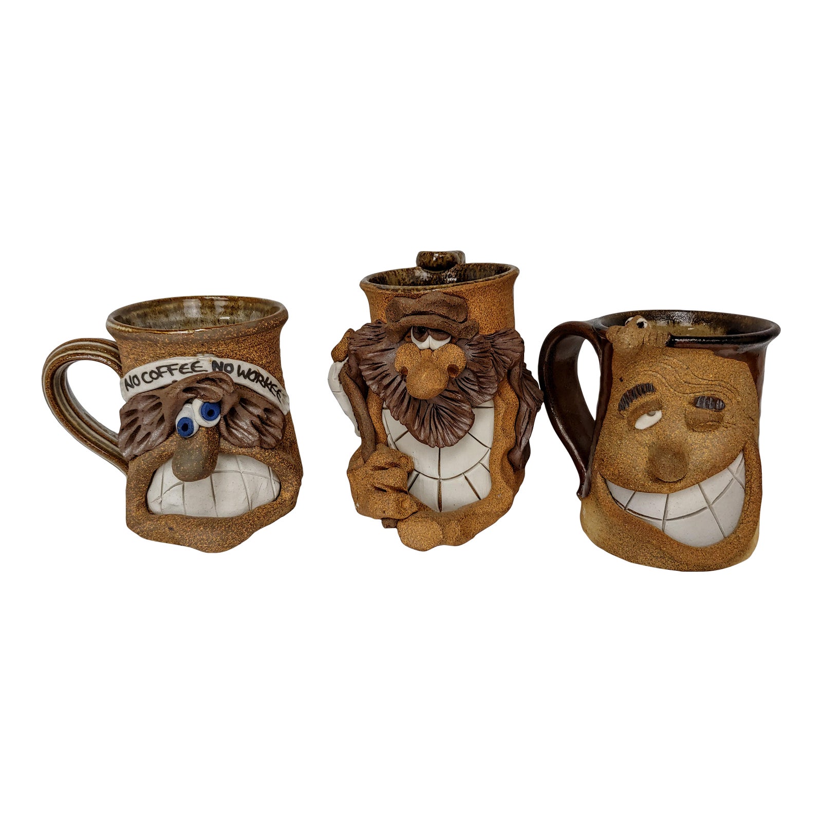 Vintage Handmade Ceramic Pottery Ugly Face Coffee Mugs, Set of 3 | Chairish