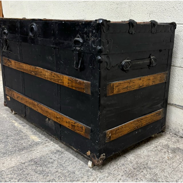 Antique Early 1900s Large Black Flat Top Steamer Trunk | Chairish
