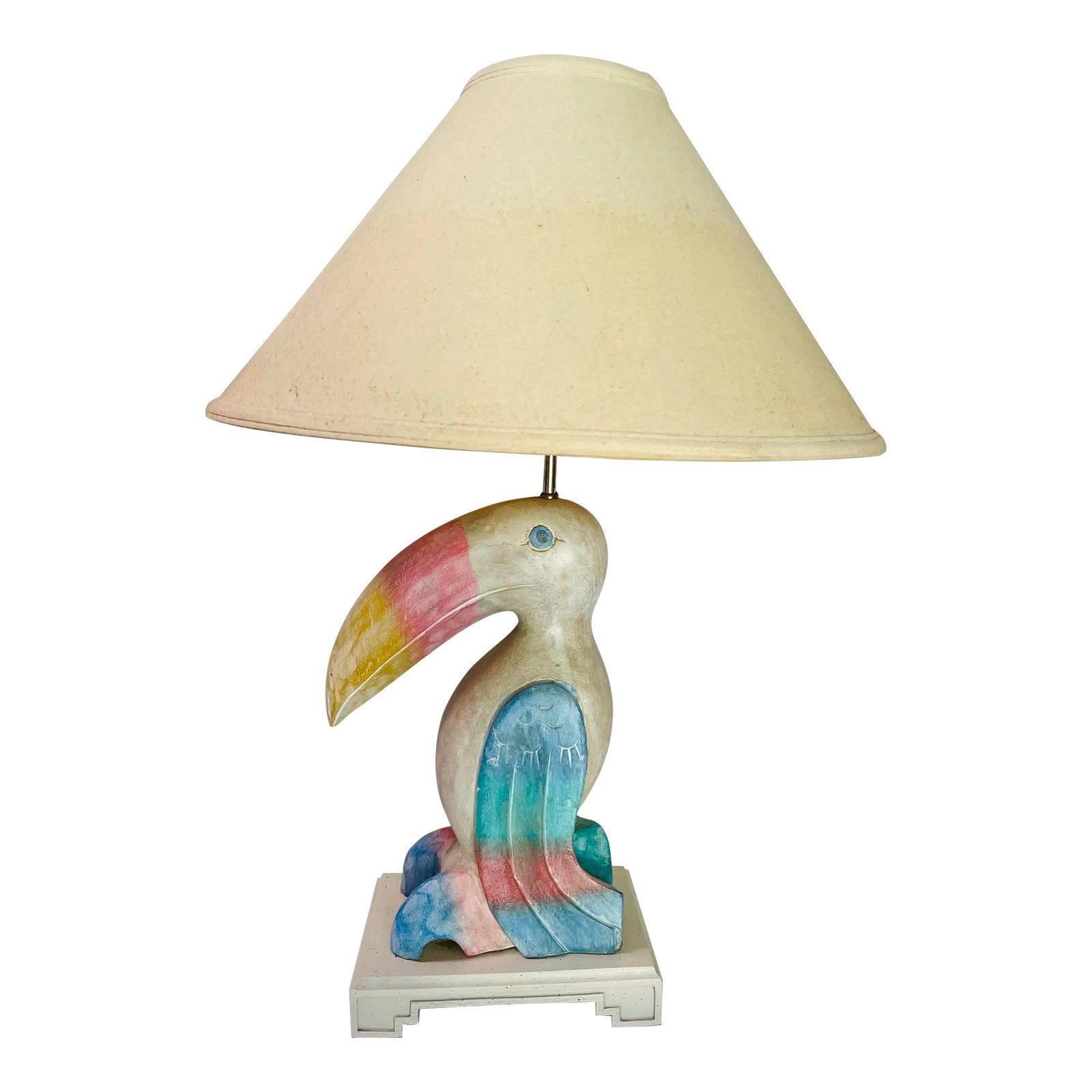 Vintage 1993 Carved Wood Toucan Table Lamp With Original Shade | Chairish