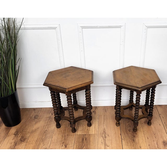 Italian Hexagonal Walnut Stools with Bobbin Turned Legs, 1890s, Set of ...