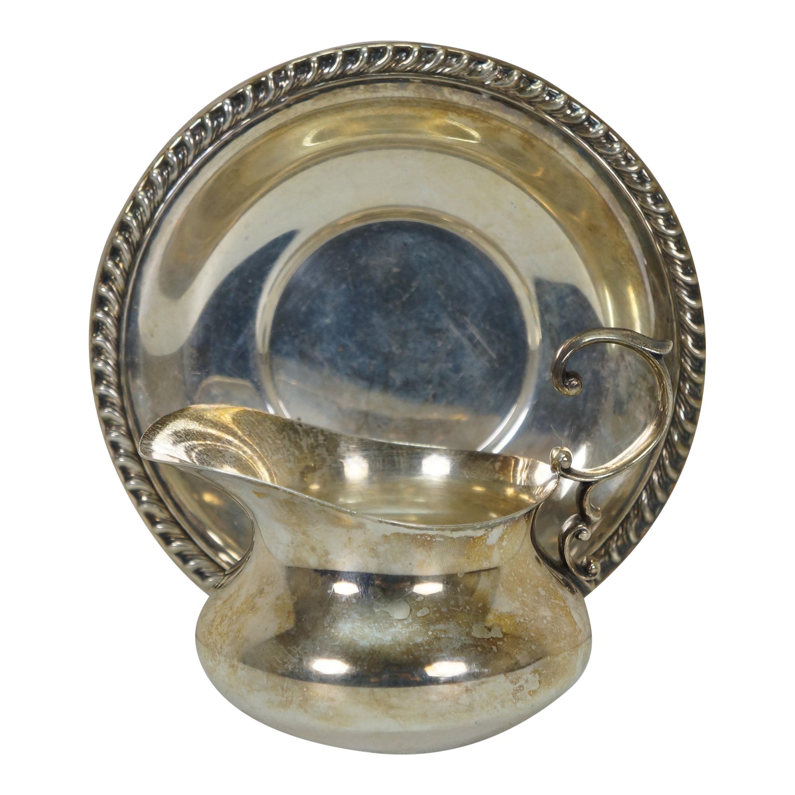 Mid 20th Century Poole Sterling Silver Sauce Gravy Boat Creamer Pitcher & Underplate | Chairish