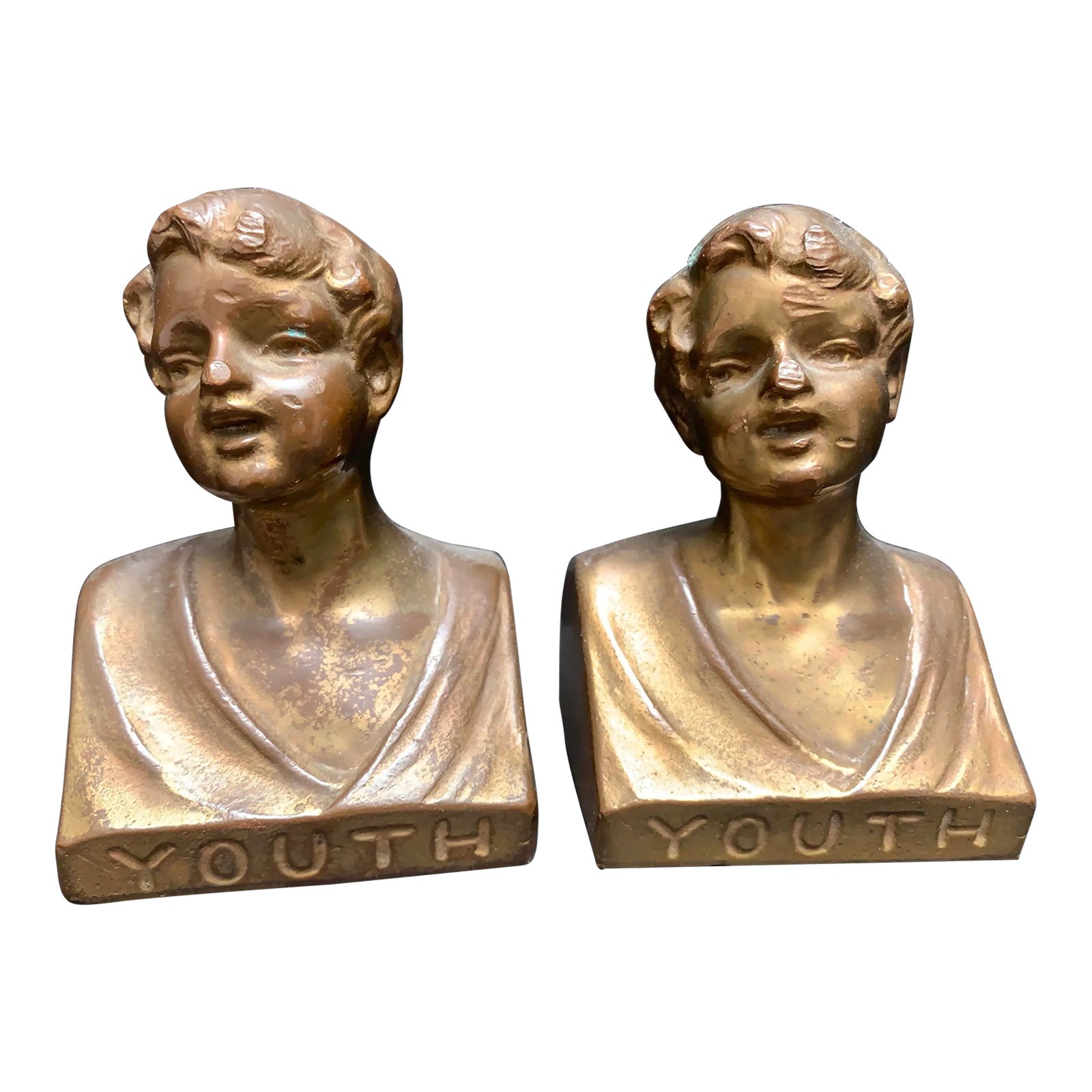 Vintage Bronze Youth Small Busts, Bookends, 1950s | Chairish
