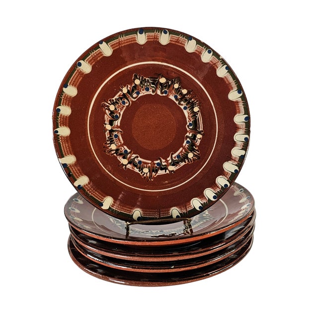 Hand Painted Bulgarian Troyan Red Feather Lunch Plates Set of 5 | Chairish