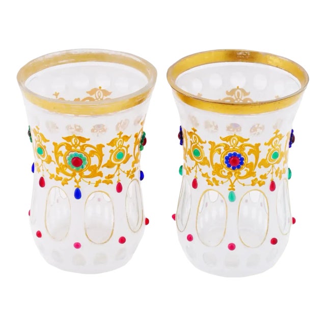 Antique Bohemian Gilt Jeweled Frosted Glass Cups- Set of 2 | Chairish
