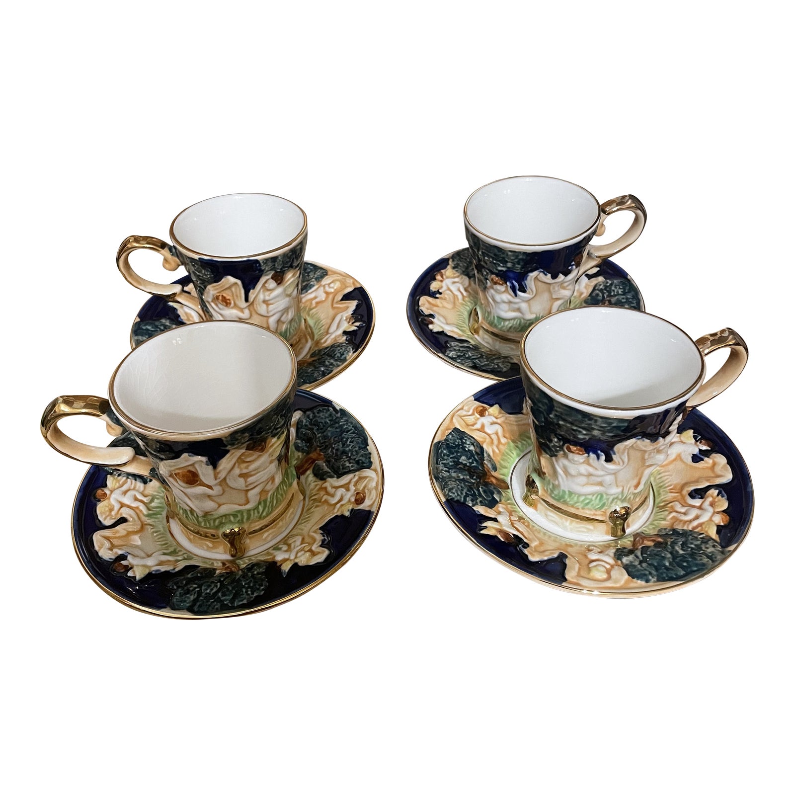 2000s Majolica Tea Cups & Saucer Set- 8 Pieces | Chairish