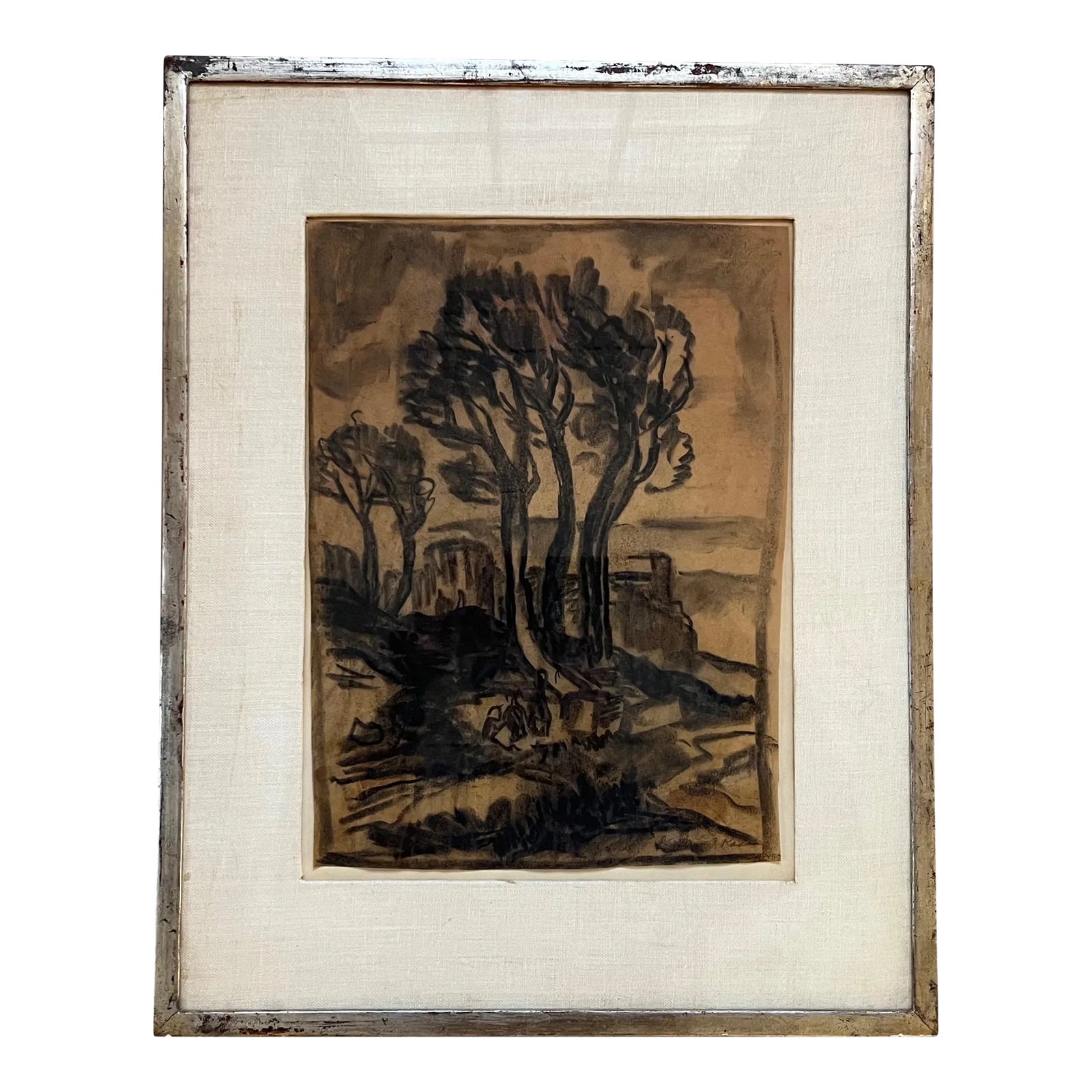 1930's Ink and Charcoal Drawing of Trees in Landscape in Original ...