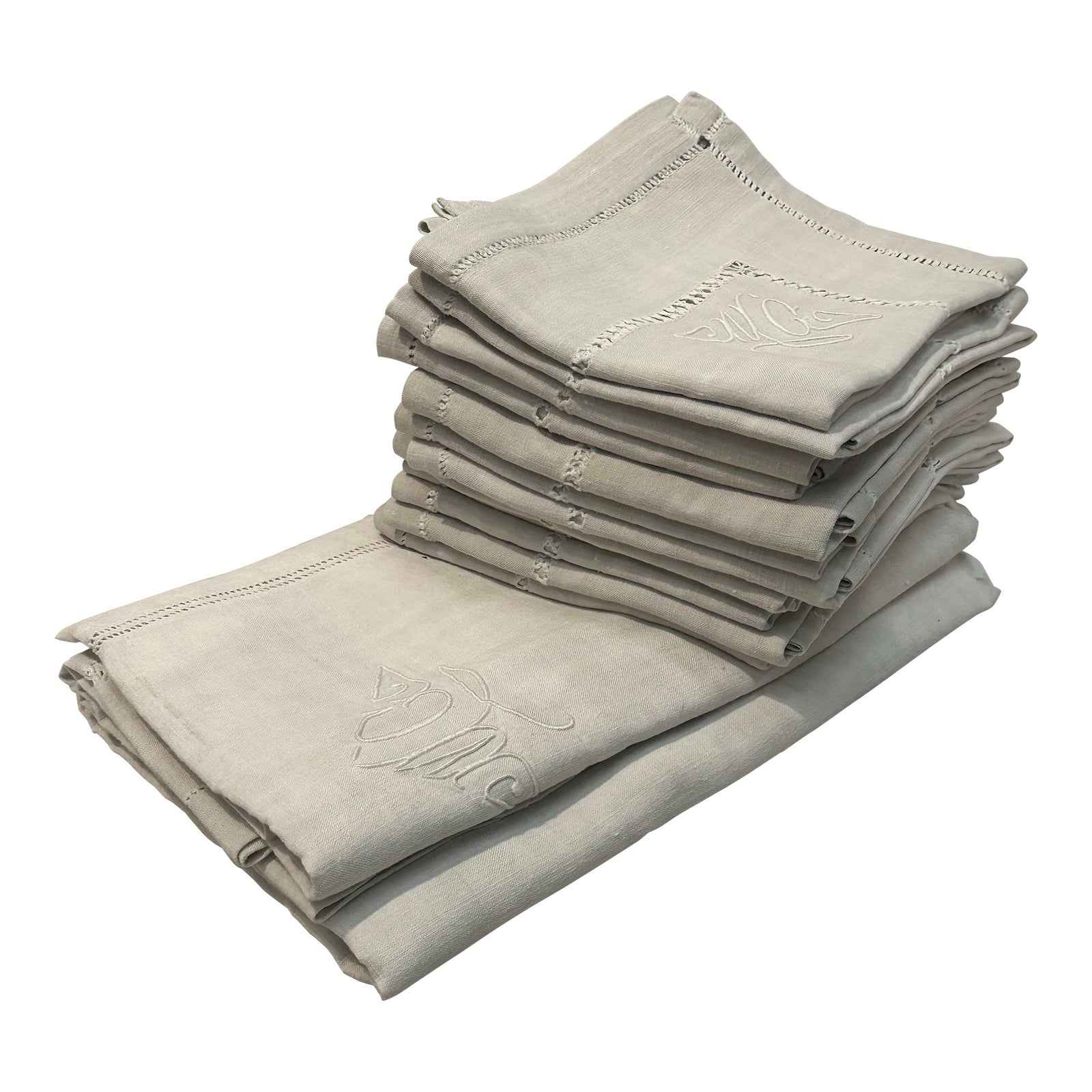Late 19th Century Wonderful Large French Linen Napkins & Tablecloth ...