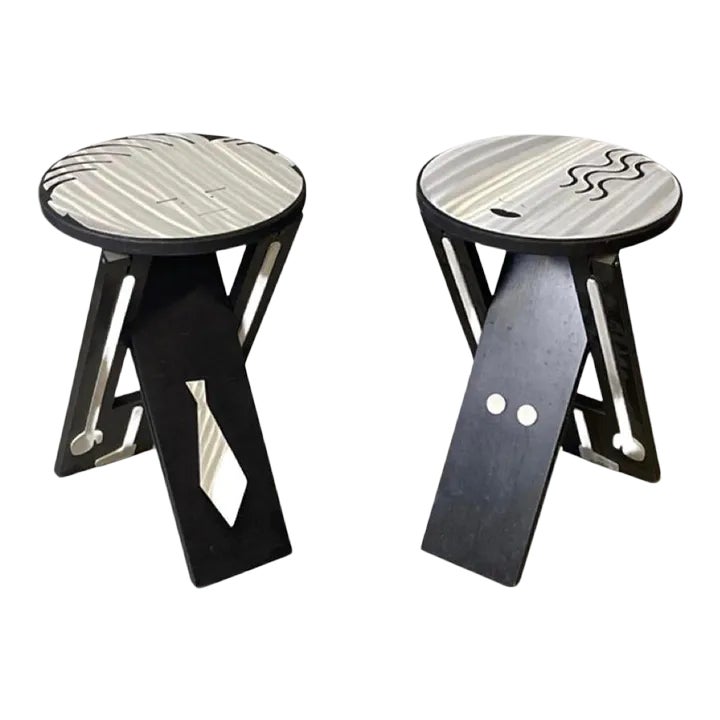 Contemporary Artist Designed Pair of Collapsible Stools Depicting ...