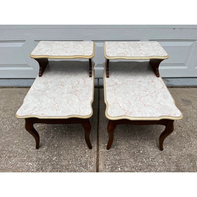 Late 20th Century Mid Century Modern Faux Marble Two-Tiered Side Tables- a Pair | Chairish