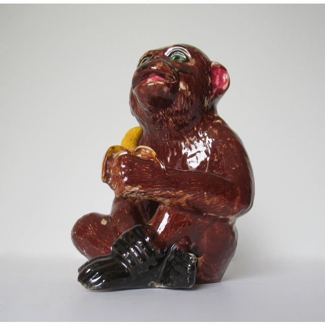 Porcelain Ceramic Glazed Majolica Sitting Monkey With Banana | Chairish
